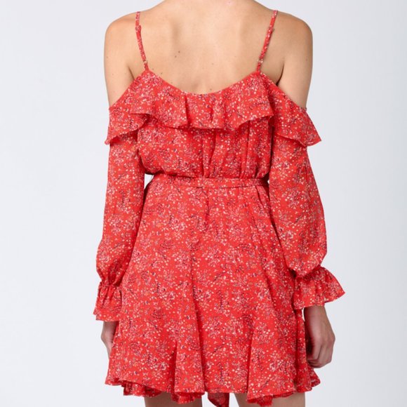 Fate | Dresses | New Fate Ditsy Red Floral Print Cold Shoulder Ruffle ...
